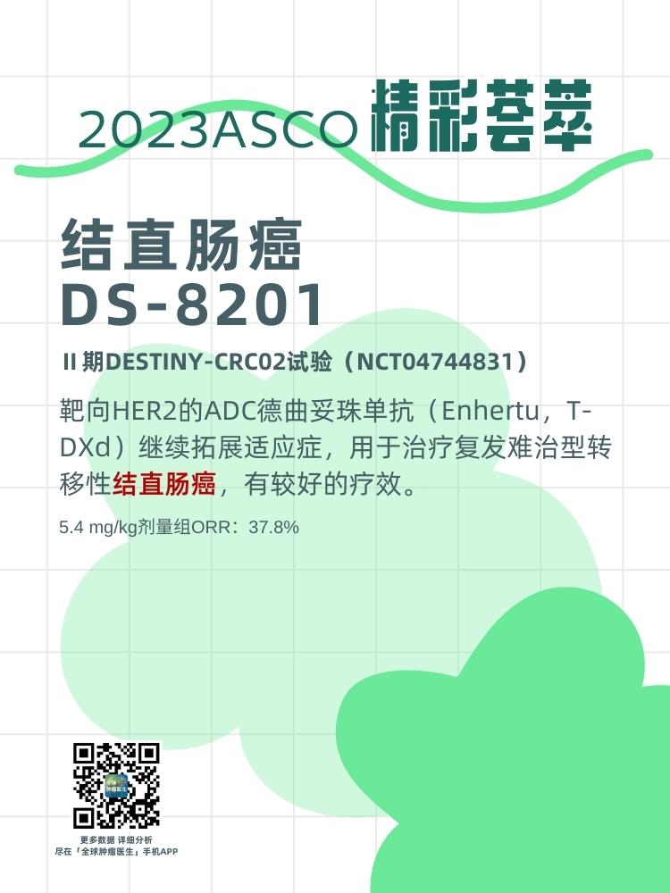 【治疗结直肠癌，DS-8201缓解率可接近40%】ㅤ#ASCO年会#ㅤ 靶向HER2的ADC德曲妥珠单抗（Enhertu，T-DXd）继续拓展适应症，用于治疗复发难治型转移性结直肠癌，有较好的疗效。
